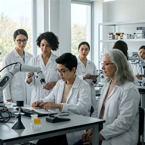 Illustrative Diverse Women Scientists In Lab Coats Collaborating In Laboratory Working With