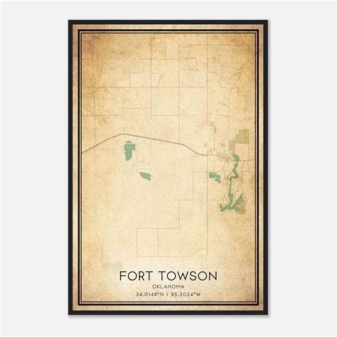 Vintage Fort Towson Oklahoma Map Poster Fort Towson Ok City Road Wall