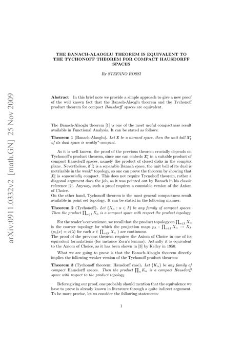 the banach alaoglu theorem is equivalent to the tychonoff theorem docslib