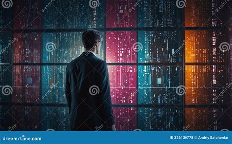 man in suit analyzing digital data streams on large screens in a high