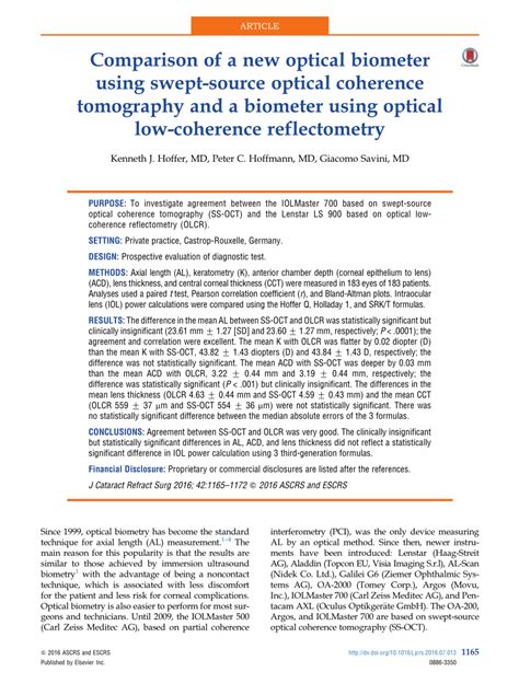 Pdf Comparison Of A New Optical Biometer Using Swept Source Optical Coherence Tomography And A