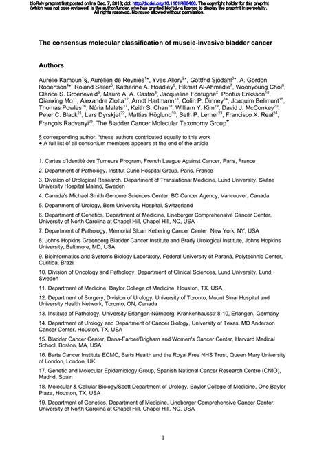 Pdf The Consensus Molecular Classification Of Muscle Invasive Bladder