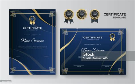 현대 블루 와 골드 인증서 템플릿 수상 비즈니스 및 교육을 위한 배지가 설정된 디플로마 인증서 테두리 템플릿 감탄에 대한 스톡 벡터 아트 및 기타 이미지 Istock
