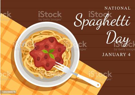 1월 4일 전국 스파게티의 날 이탈리아 국수 또는 파스타 플랫 만화 손으로 그린 템플릿 그림에 다양한 요리 건강한 생활방식에