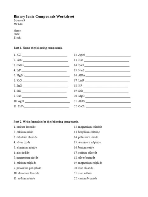 Binary Ionic Compounds Worksheet Printable PDF Template