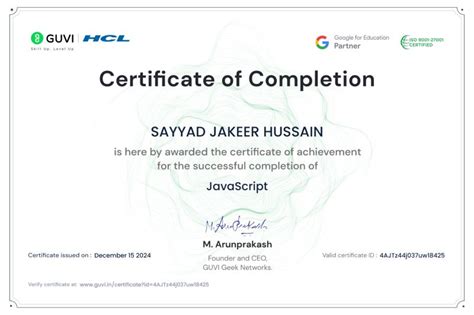 Sayyad Jakeer Hussain On Linkedin I Recently Earned A Javascript Certification Through Guvi