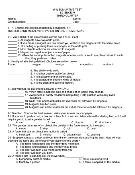 465006872 Science And Ap 4 Summative Test 1 Summative Test Science