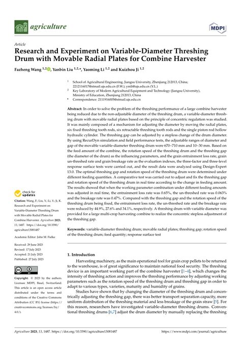 Pdf Research And Experiment On Variable Diameter Threshing Drum With