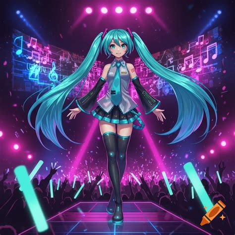 Hatsune Miku An Anime Virtual Idol Poses On A Vibrant Concert Stage