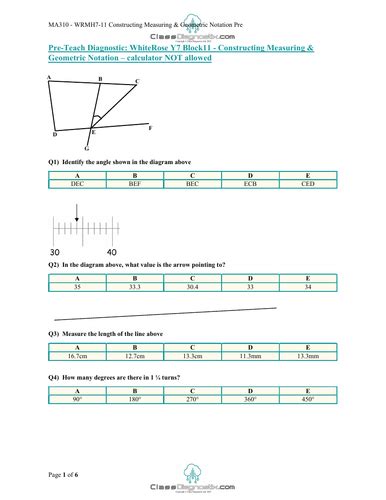 White Rose Maths Y7 Pre Teach Diagnostic Tests Teaching Resources