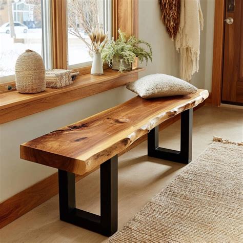 Live Edge Solid Wood Bench Seat Handmade Natural Wooden Bench Modern