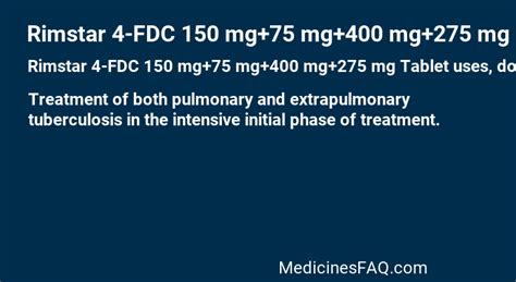 Rimstar 4 Fdc 150 Mg75 Mg400 Mg275 Mg Tablet Uses Dosage Side