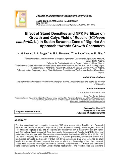 (PDF) Effect of Stand Densities and NPK Fertilizer on Growth and Calyx Yield of Roselle ...