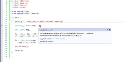C Directory Iterator Exception On VS Have Changed Language Setting What Else To Try Has
