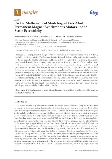 Pdf On The Mathematical Modeling Of Line Start Permanent Magnet Synchronous Motors Under