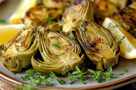 Grilled Artichoke Hearts Served With Lemon Wedges And Fresh Herbs At A