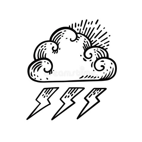 Cloud And Lightning Engraving Style Vector Illustration Hand Drawn