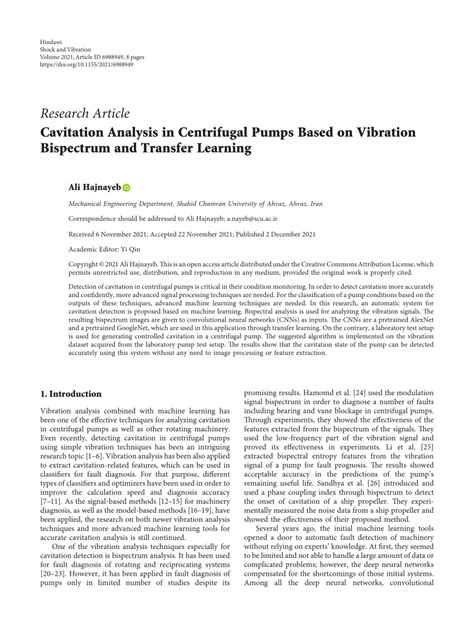 Pdf Cavitation Analysis In Centrifugal Pumps Based On Vibration Bispectrum And Transfer Learning