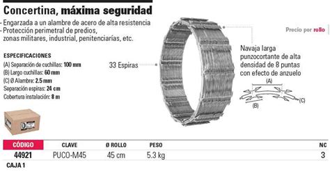 Púa Concertina Máxima Seguridad 45 Cm Diámetro Clave Puco M45 Hemusa