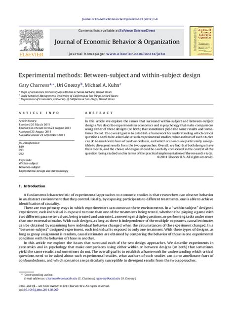 Pdf Experimental Methods Between Subject And Within Subject Design
