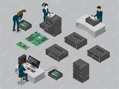 Premium Vector Engineers Working In Data Center Room Installation And Configuration Hardware