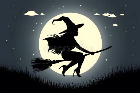Witch Riding Broomstick Across Moonlit Sky Vector Evoking Magical And