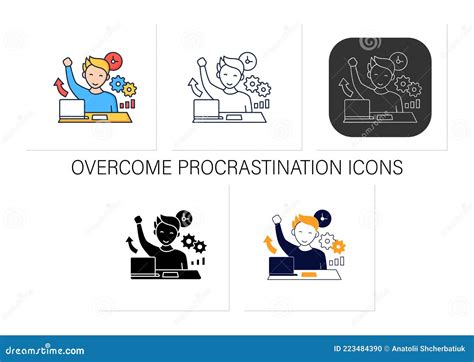Overcome Procrastination Icons Set Stock Vector Illustration Of Color