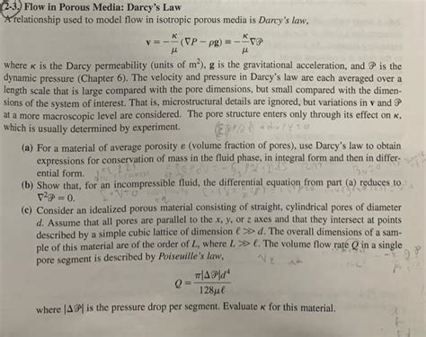 Solved 2 3 Flow In Porous Media Darcys Law A Relationship