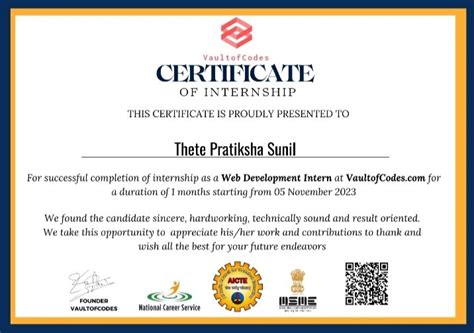 Pratiksha Thete On Linkedin Internship Webdevelopment Vaultofcodes
