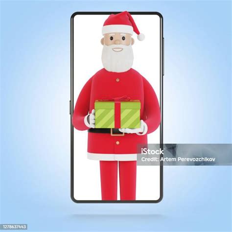 산타 클로스는 사람들에게 선물 온라인 선물을 제공합니다 산타 클로스와 스마트 폰 화면 온라인 쇼핑 배달 만화 스타일의 3d 일러스트레이션 가상 이벤트에 대한 스톡 사진 및