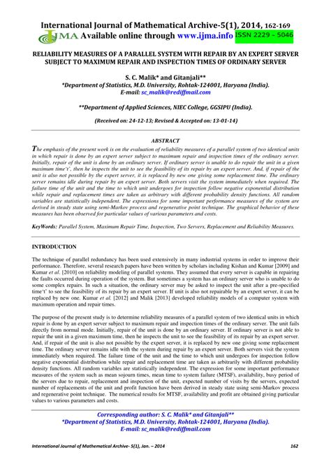 Pdf Reliability Measures Of A Parallel System With Repair By An