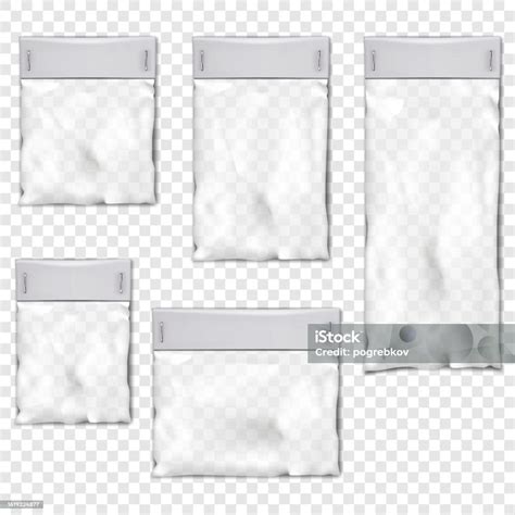 스테이플에 흰색 백지 상단이 있는 빈 투명 플라스틱 파우치 백 벡터 모형 세트입니다 투명 나일론 패키지 모형에 대한 스톡 벡터 아트 및 기타 이미지 Istock