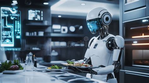 A Sleek Advanced Humanoid Robot With A Digital Display Face Preparing And Serving Food In A