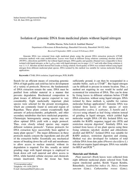 Pdf Isolation Of Genomic Dna From Medicinal Plants Without Liquid