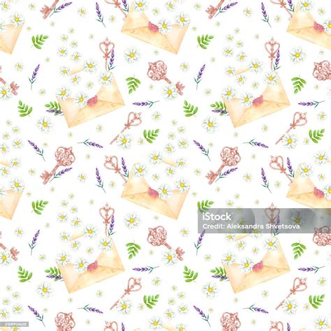 손으로 그린 수채화 편지 와 카모마일 라벤더 와 포도 수확 열쇠 Seamless 패턴 절연 통하고 있는 백색 배경 섬유 직물 및 기타 인쇄 제품에 사용할 수 있습니다 0명에