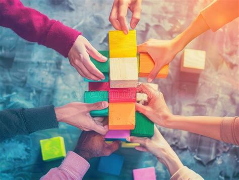 Diverse Hands Building A Colorful Tower From Wooden Blocks Symbolizing Teamwork Collaboration