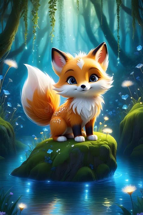 A Cute Tiny Fox In A Magical Forest With Light Mushroom Giant Oak Tree Fantasy Cartoon