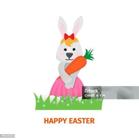 발에 당근 들고 잔디밭에의 사랑 스러운 토끼 행복 한 부활절 아이디어입니다 부활절 토끼 인사말 카드입니다 벡터 일러스트입니다 초대장 선물 존재의 디자인에 대 한 토끼 헌장