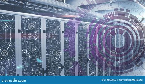 Image Of Loading Circles Over Circuit Board Pattern On Server Racks In