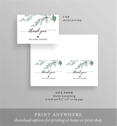 Greenery Thank You Note Card Template Folded Wedding Or Etsy