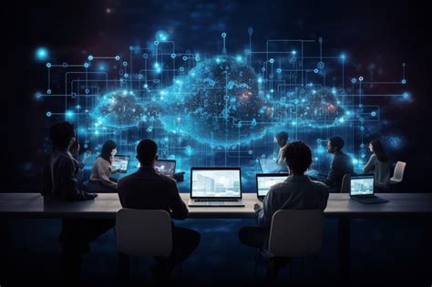 computer programmer team using laptop data processing connecting with internet global network