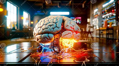 Model Of Human Brain On Table With Wires In The Foreground Generative