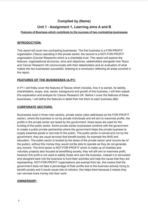 Unit 1 Exploring Business Bundle Assignment 1 2 3 Btec Business Level 3 Notes