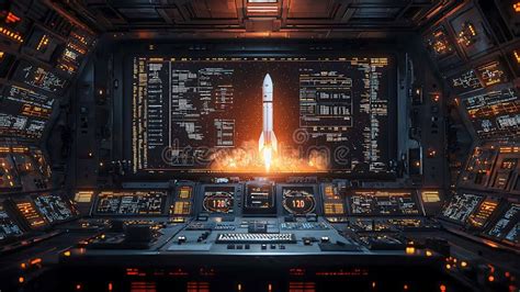Rocket Launch From Mission Control Room With Advanced Technology Displays Stock Illustration