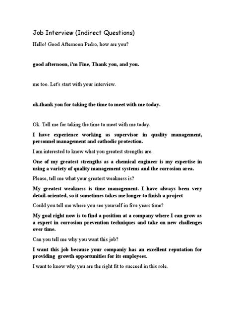 Job Interview Indirect Questions Pdf Job Interview Cognition