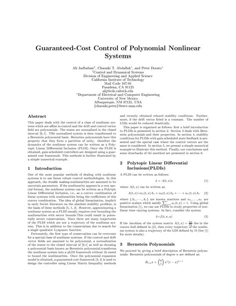Pdf Guaranteed Cost Control Of Polynomial Nonlinear Systems