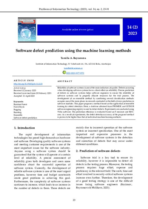 Pdf Software Defect Prediction Using The Machine Learning Methods