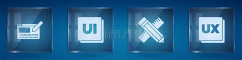 Set UI Or UX Design Crossed Ruler And Pencil And Square Glass Panels Stock Vector