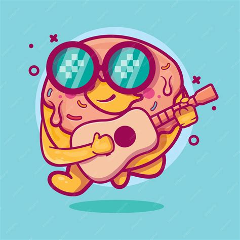 플랫 스타일 디자인의 기타 고립 된 만화를 연주하는 멋진 도넛 음식 캐릭터 마스코트 프리미엄 벡터