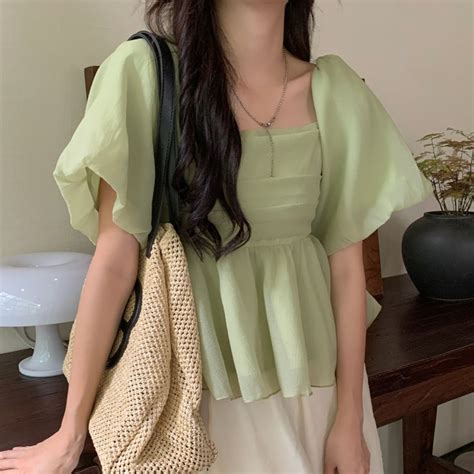 스퀘어넥 퍼프 슬리브 플레어 메쉬 블라우스 Ig5159